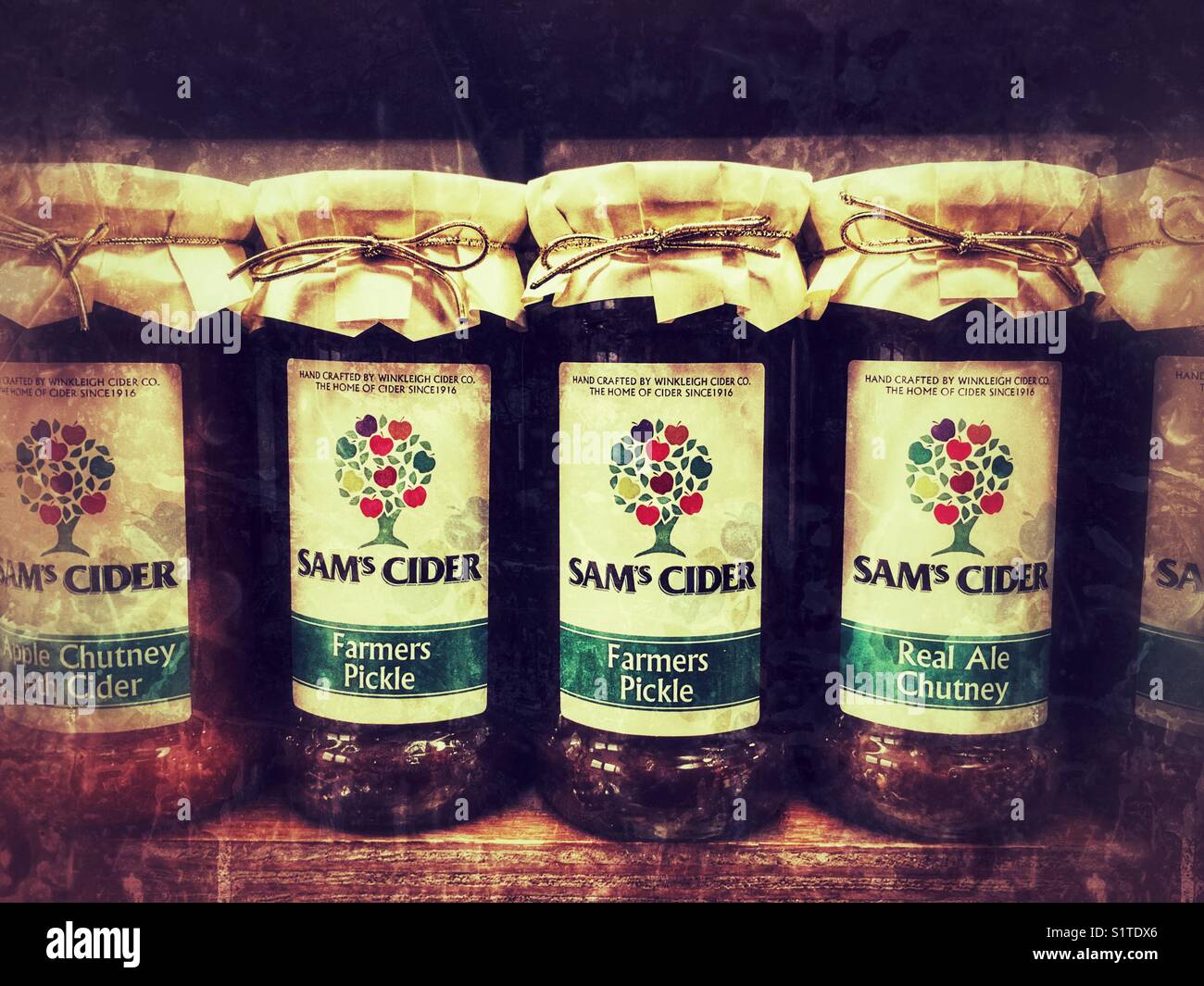 Sam’s Cider pickle and chutney on shop shelf, Sams Cider factory shop ...