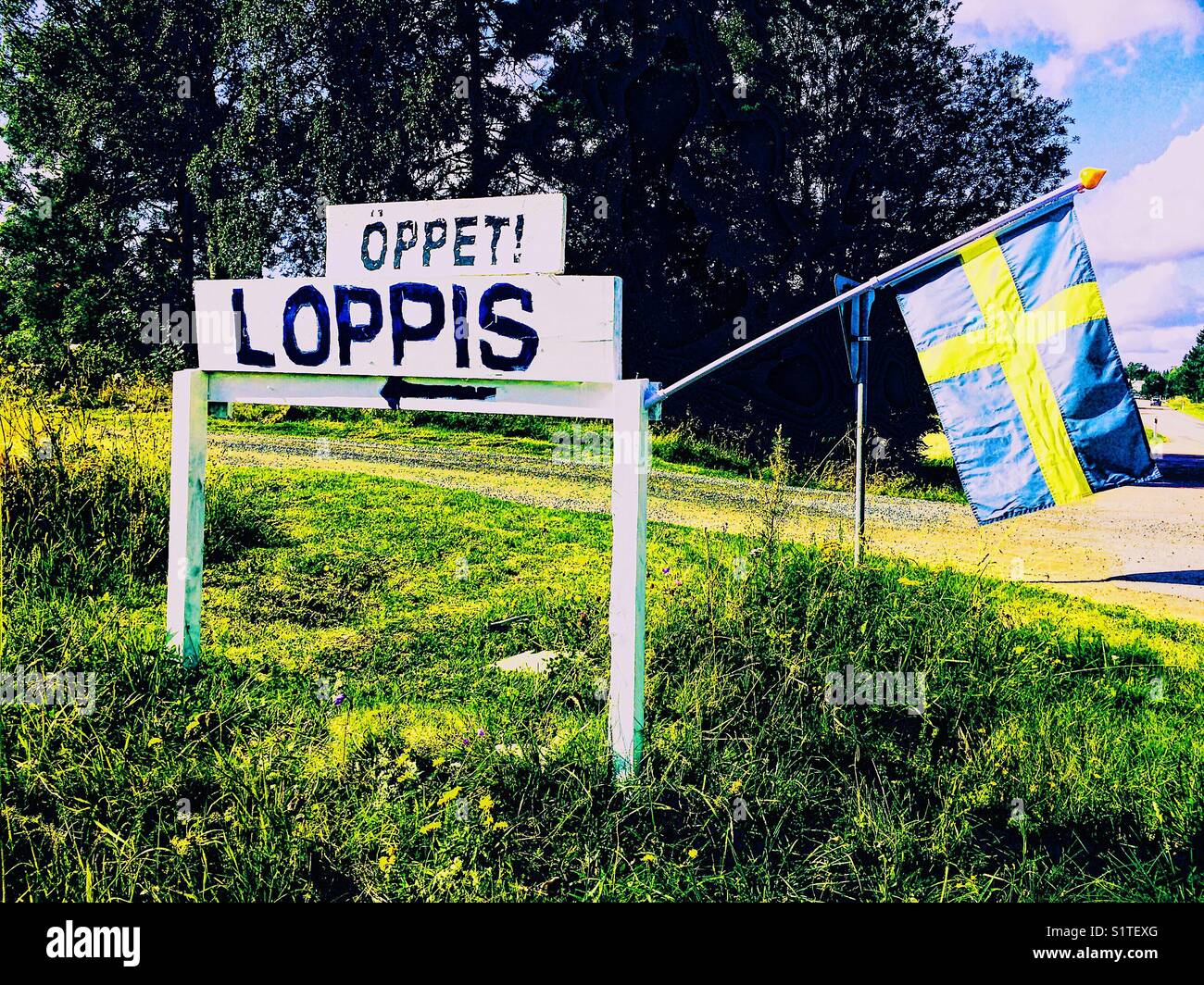 Flea market sign and Swedish flag, Sweden, Scandinavia Stock Photo - Alamy