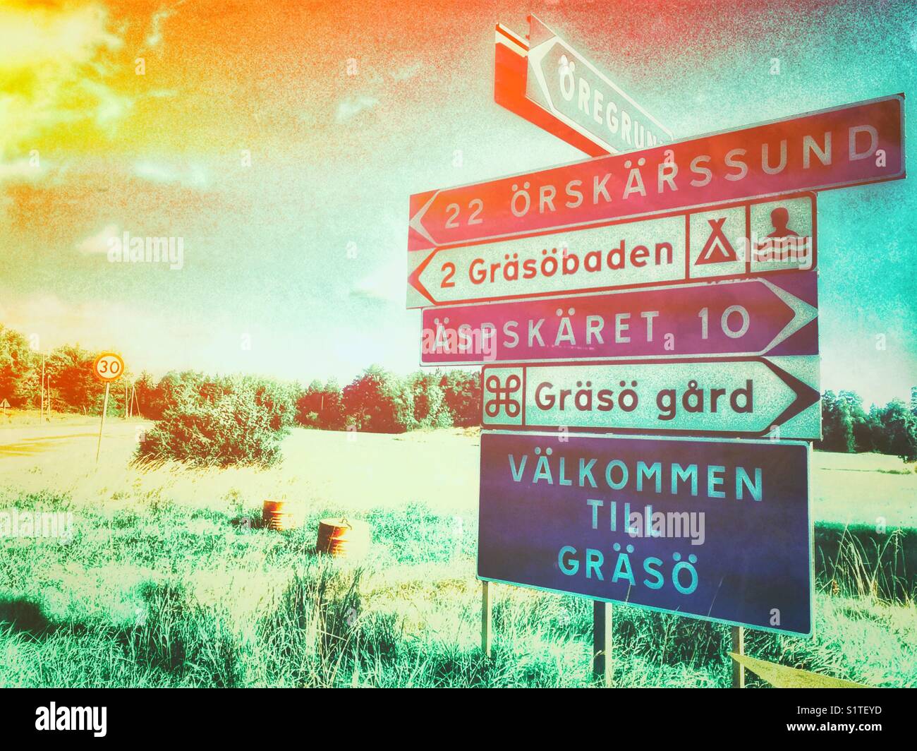 Direction signs to various locations on Graso an island off the eastern ...