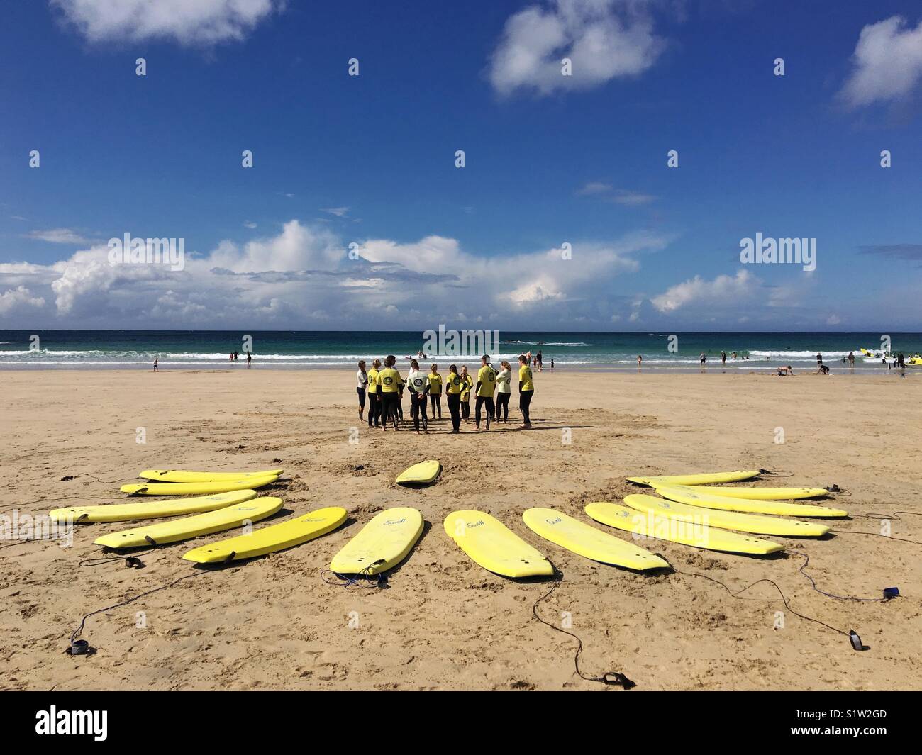 Bright yellow surf boards surrounding a group of learning surfers in ...
