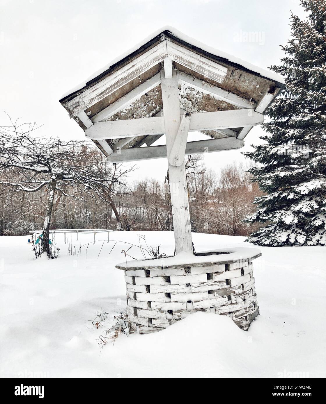 Rustic painted white well in the snow with snowy trees in the ...