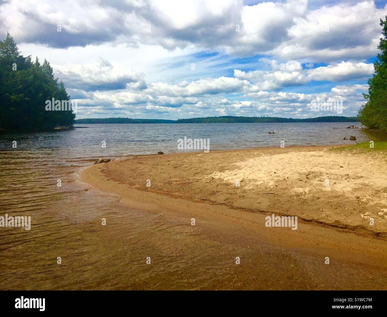 Lake Sand Beach With Forest Hills Picture Stock Photo - Alamy