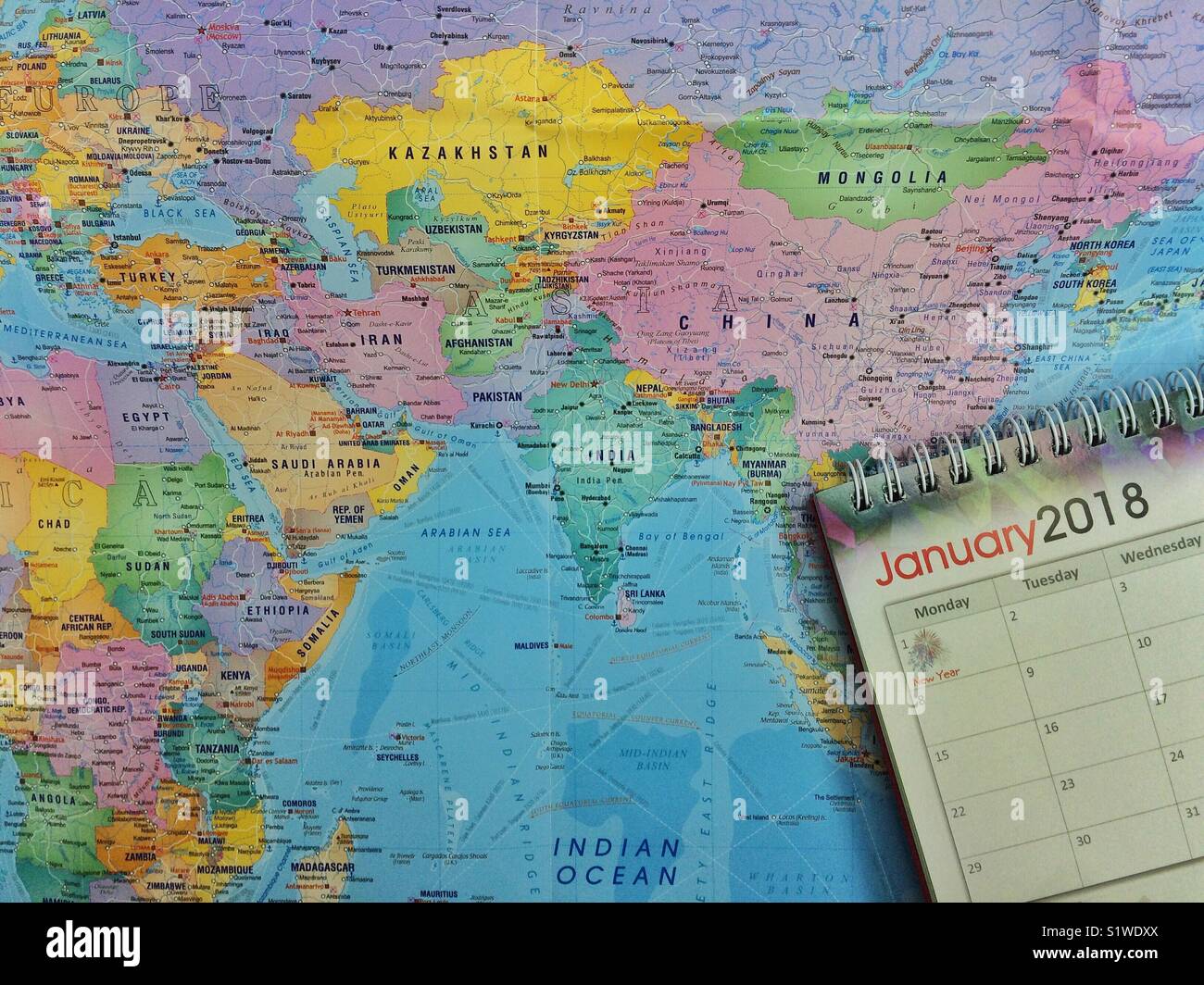 Travel and holiday concept. January 2018 calender on world map. next ...