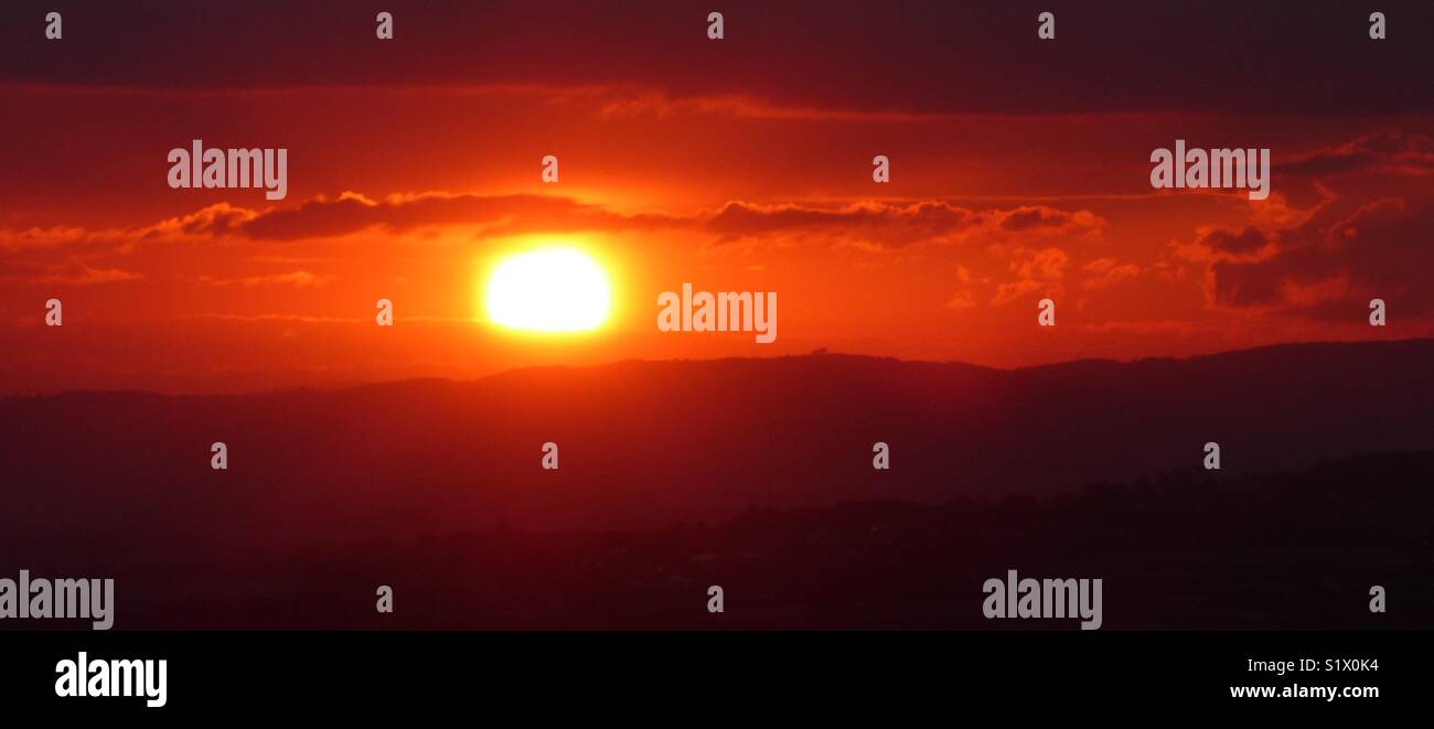 Sunset and view from Glastonbury Tor England high up on the hill Stock ...