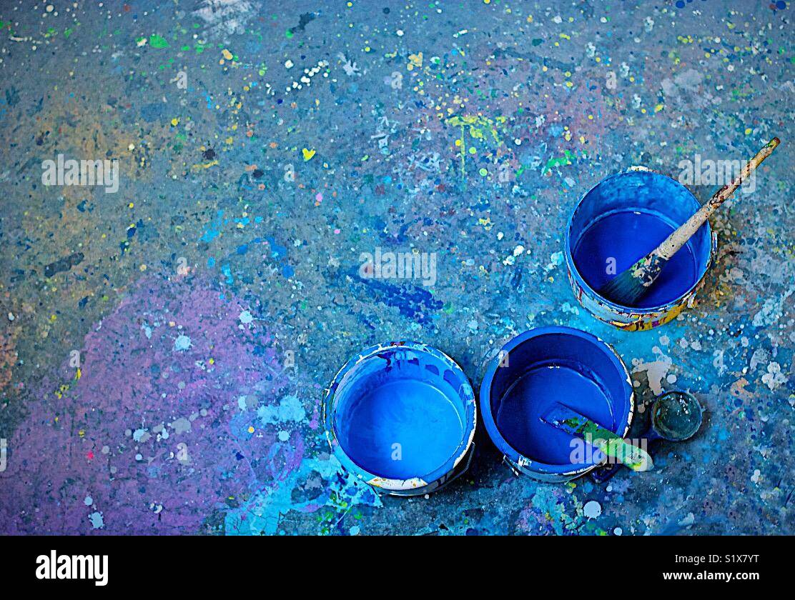 Blue pots of paint Stock Photo - Alamy