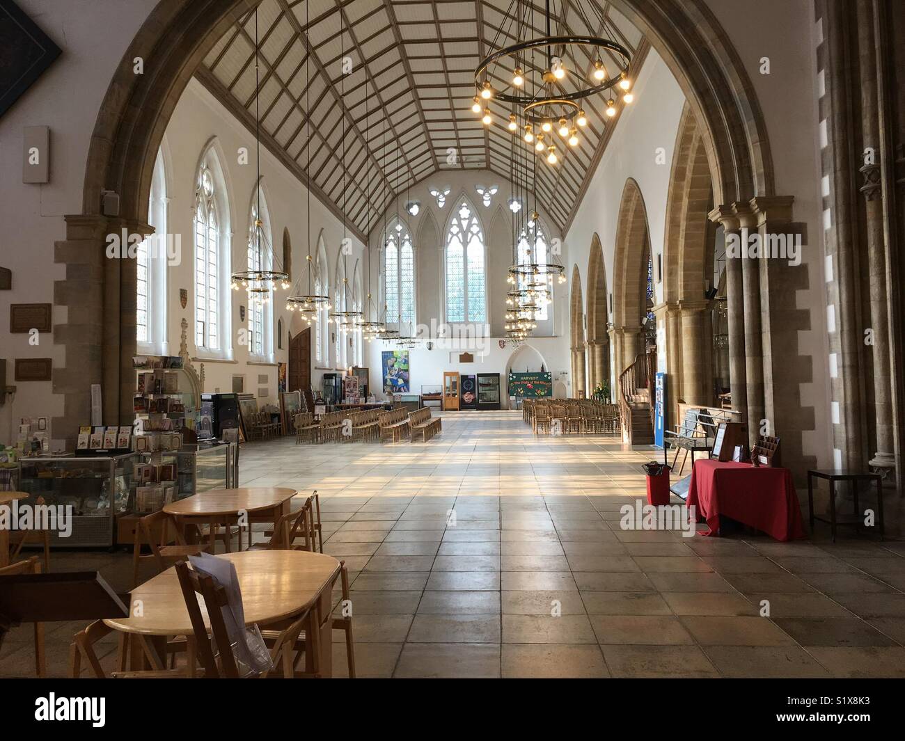 Church with high ceilings, sun rays through large windows, Norfolk ,uk ...