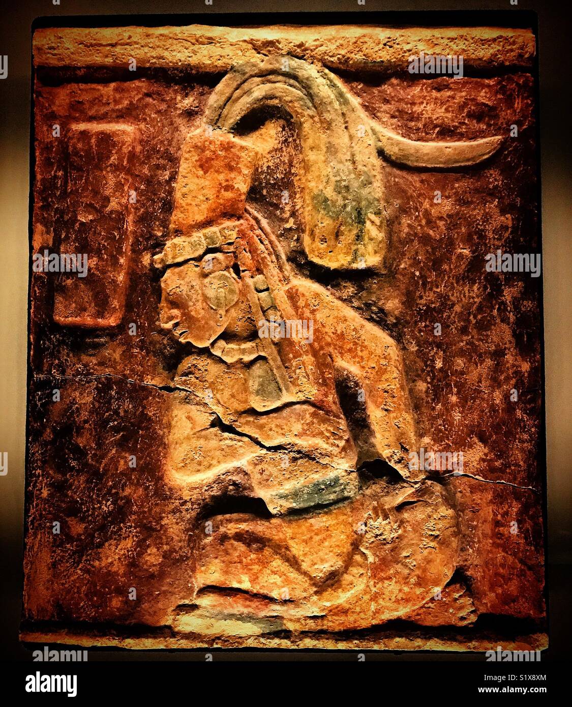 A sculpture of a Mayan sitting decorates Museo Amparo in Puebla, Mexico ...