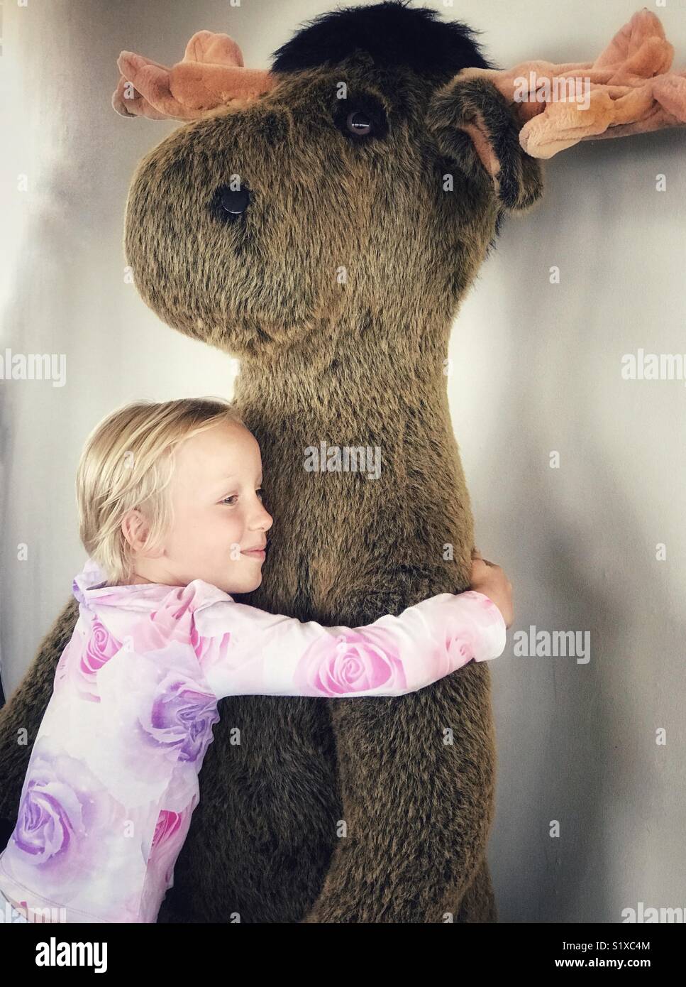 A girl hugs a large moose stuffie Stock Photo - Alamy