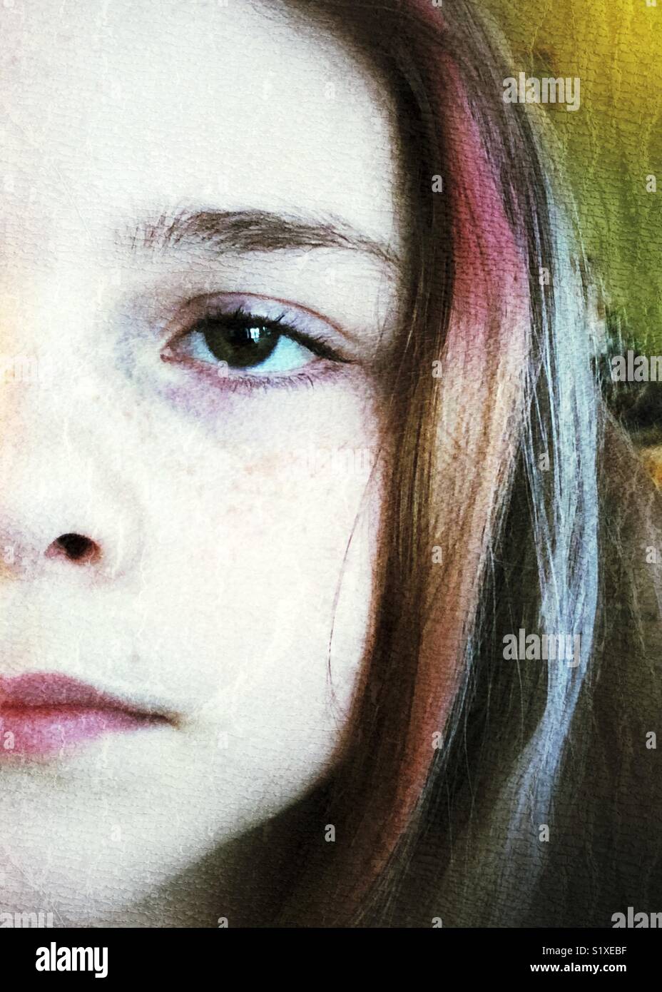 Closeup portrait of girl’s half face with sad bored expression Stock ...