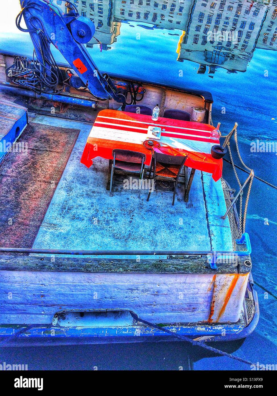 Table on commercial barge deck Stock Photo - Alamy