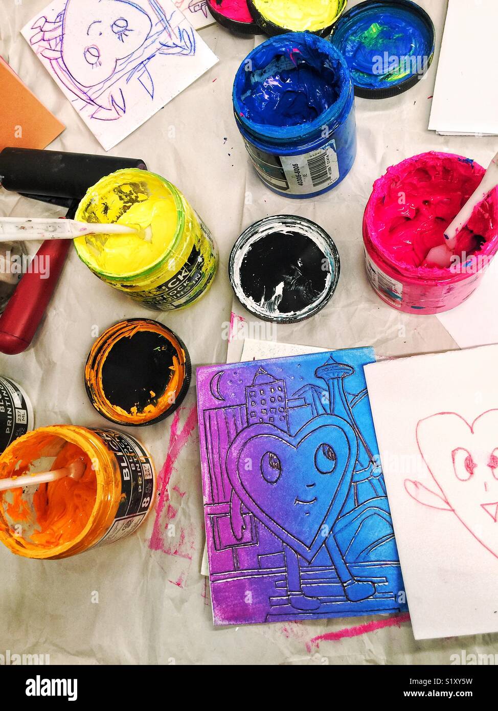 Printmaking of Valentine's Day cards Stock Photo - Alamy