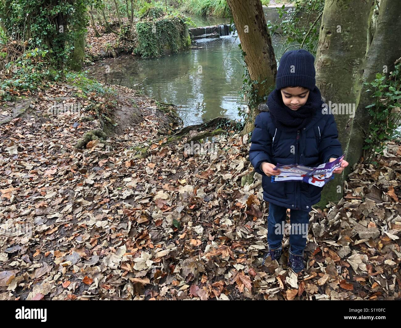 Boy looks at map during nature trail treasure hunt Stock Photo - Alamy