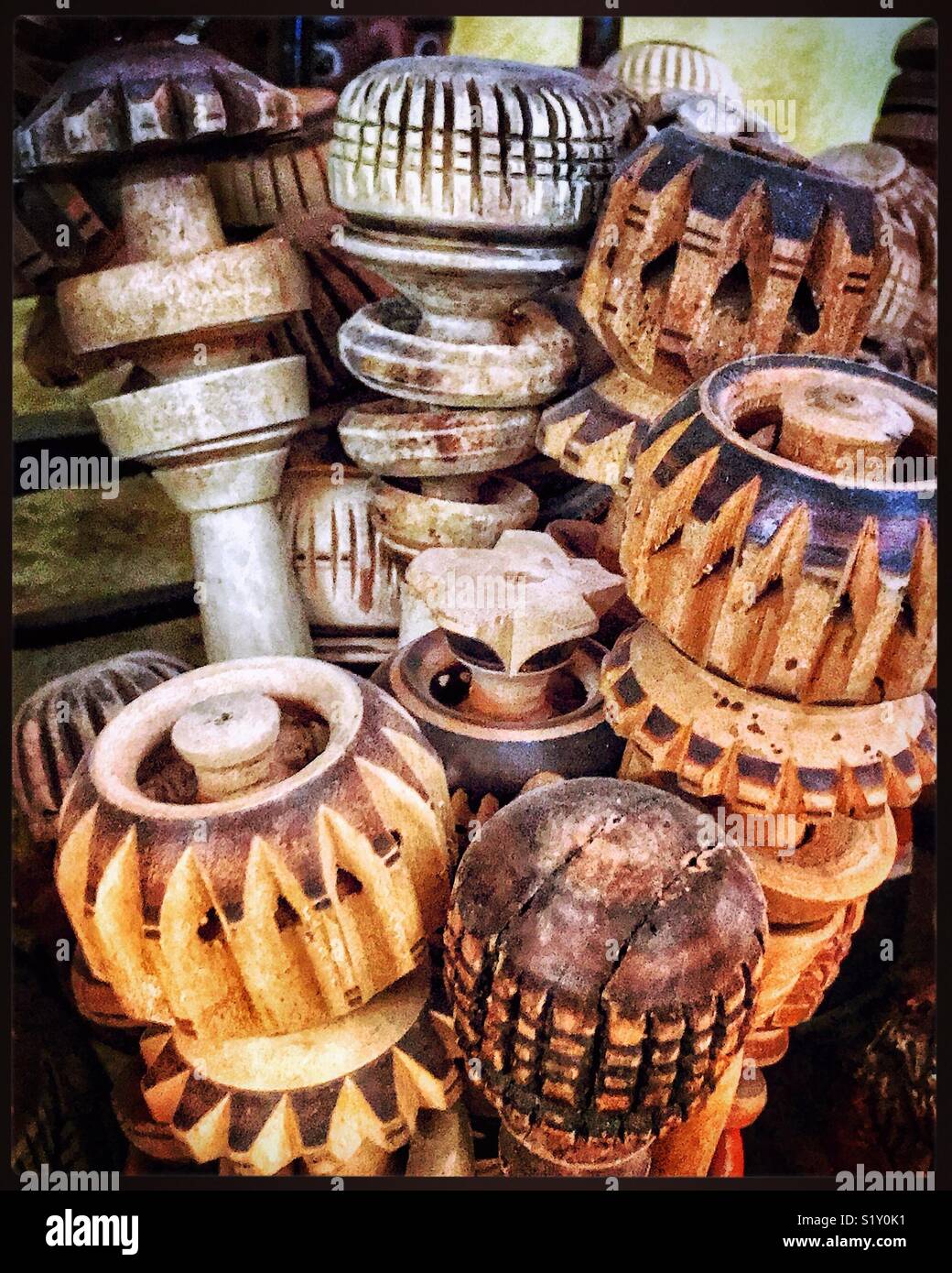 A collection of wooden molinillos, traditional wooden Mexican whisks ...