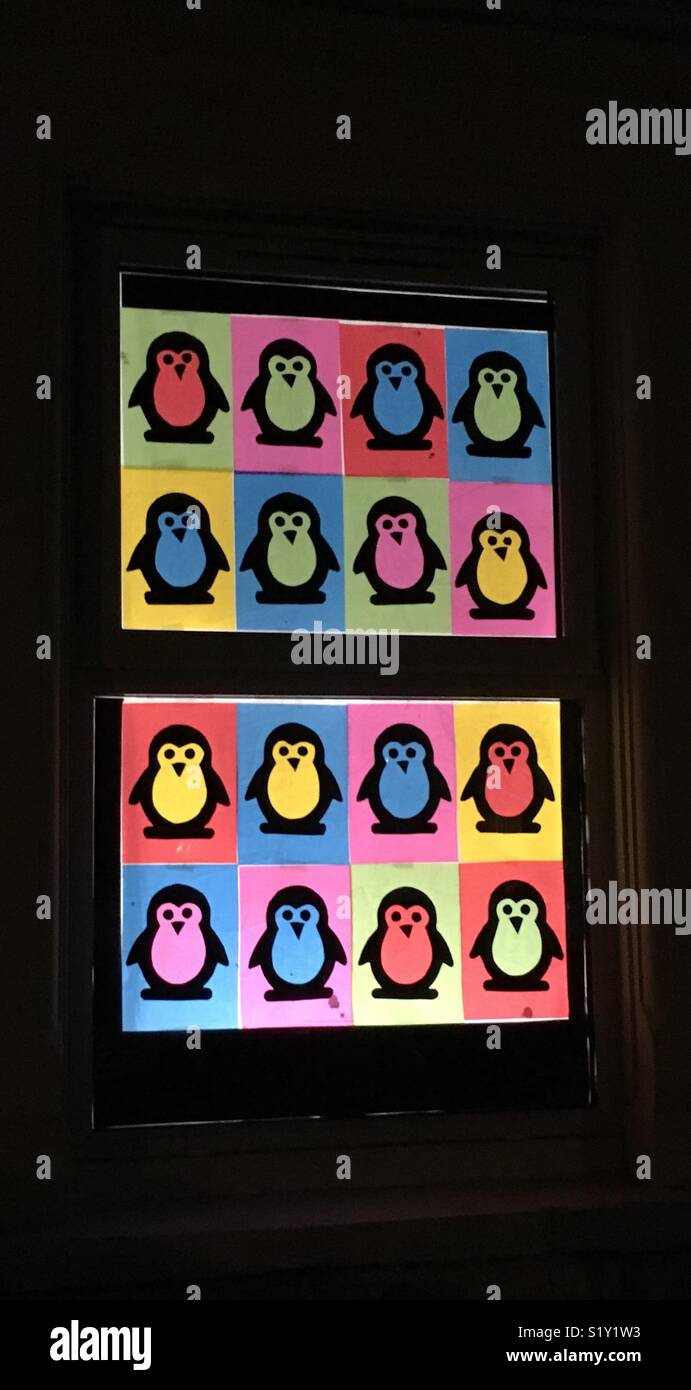Penguin paper window display in various bright colours Stock Photo - Alamy