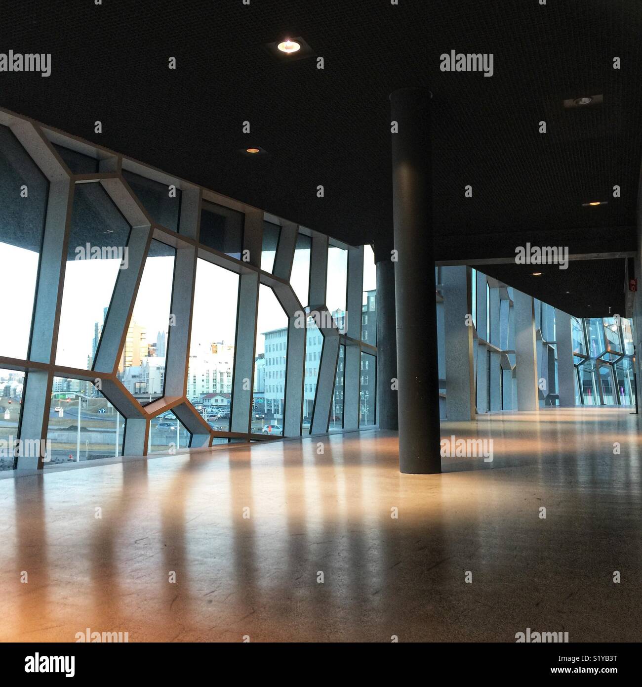 Architecture and windows inside Harpa Concert Hall, Iceland Stock Photo ...