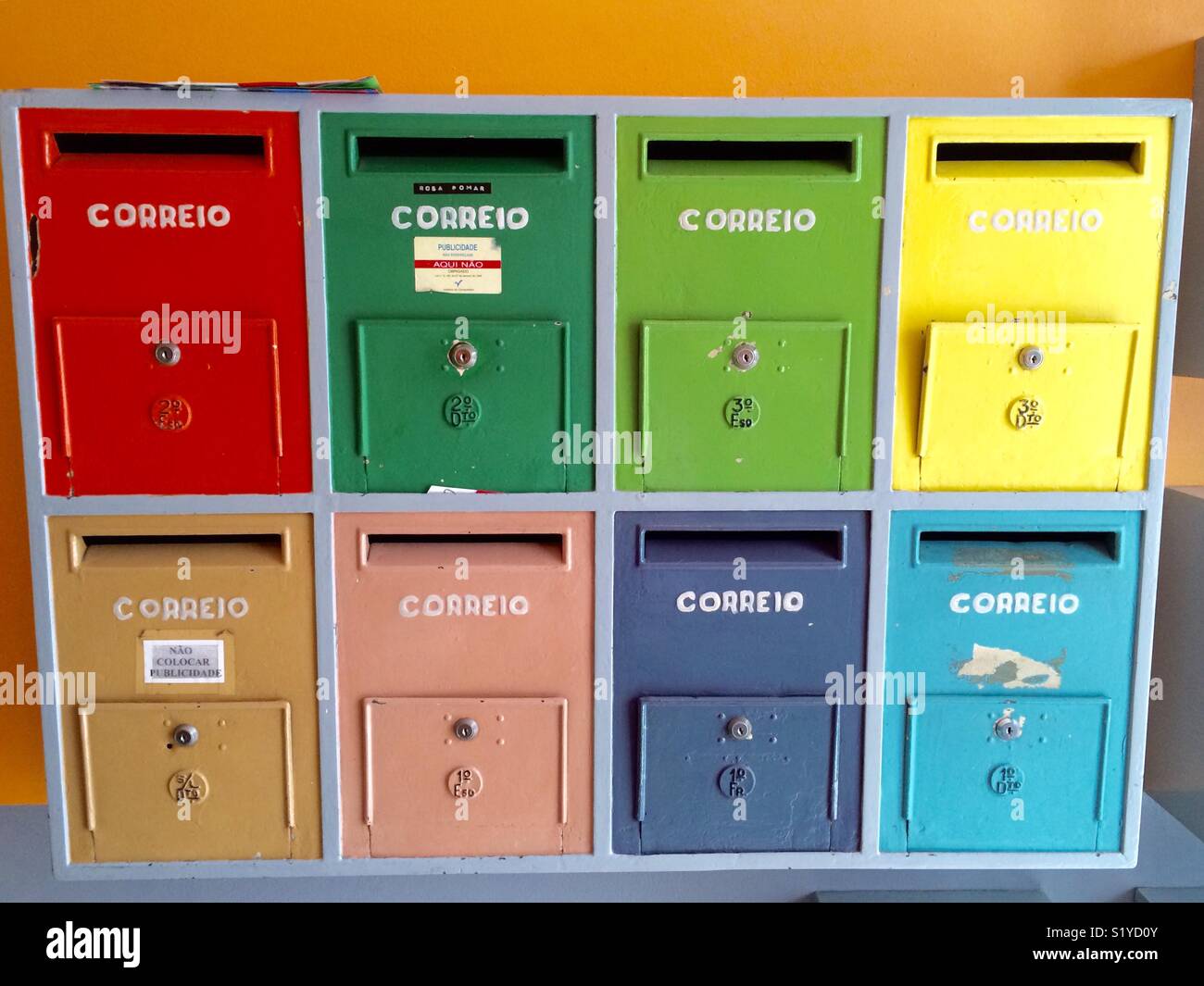 Lisbon rainbow mail boxes Stock Photo - Alamy