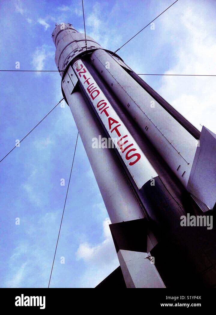 A Saturn I Rocket stands upright in the Rocket Park at the US Space And ...