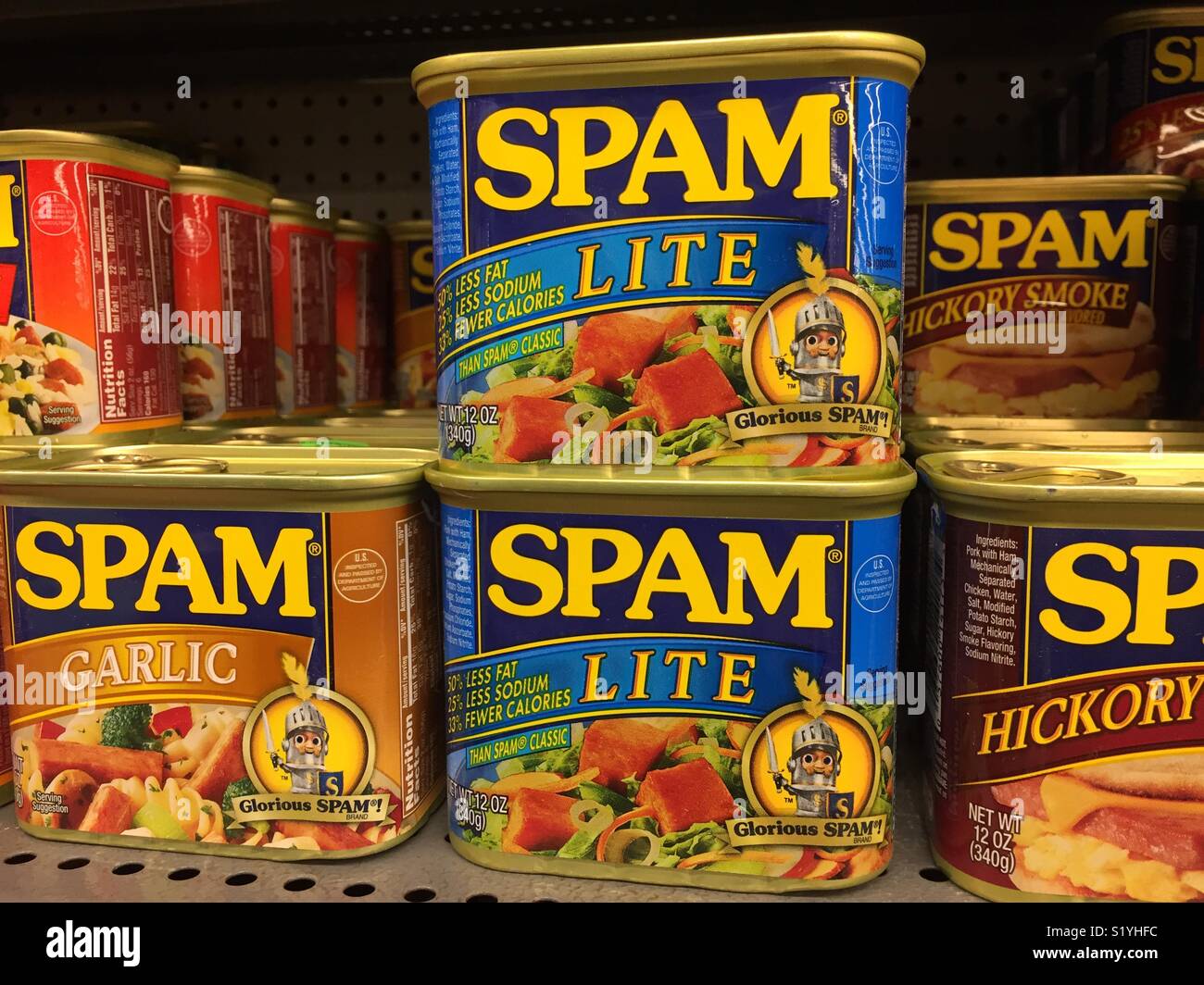 Various flavors of canned spam on grocery store shelf, USA Stock Photo ...