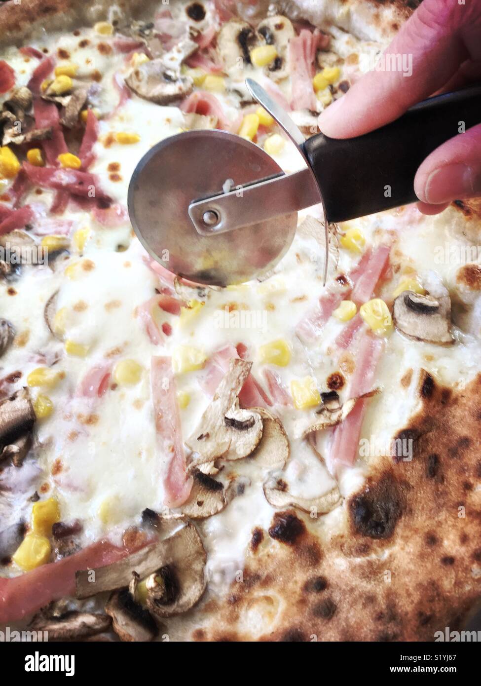 Slicing a freshly made pizza with a pizza cutter Stock Photo - Alamy