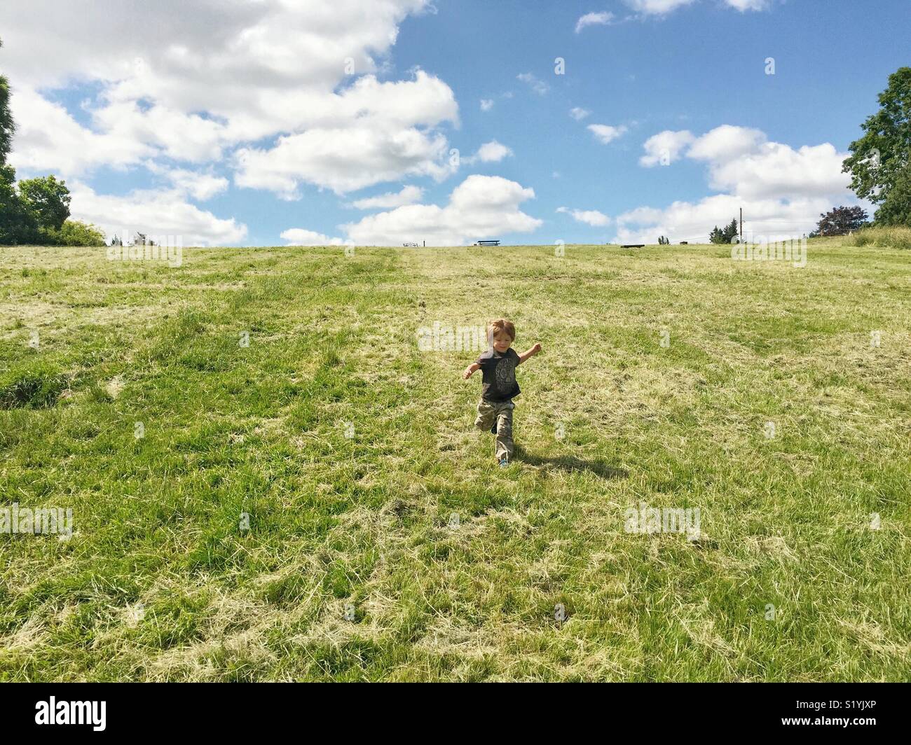 Boy running through field hi-res stock photography and images - Alamy