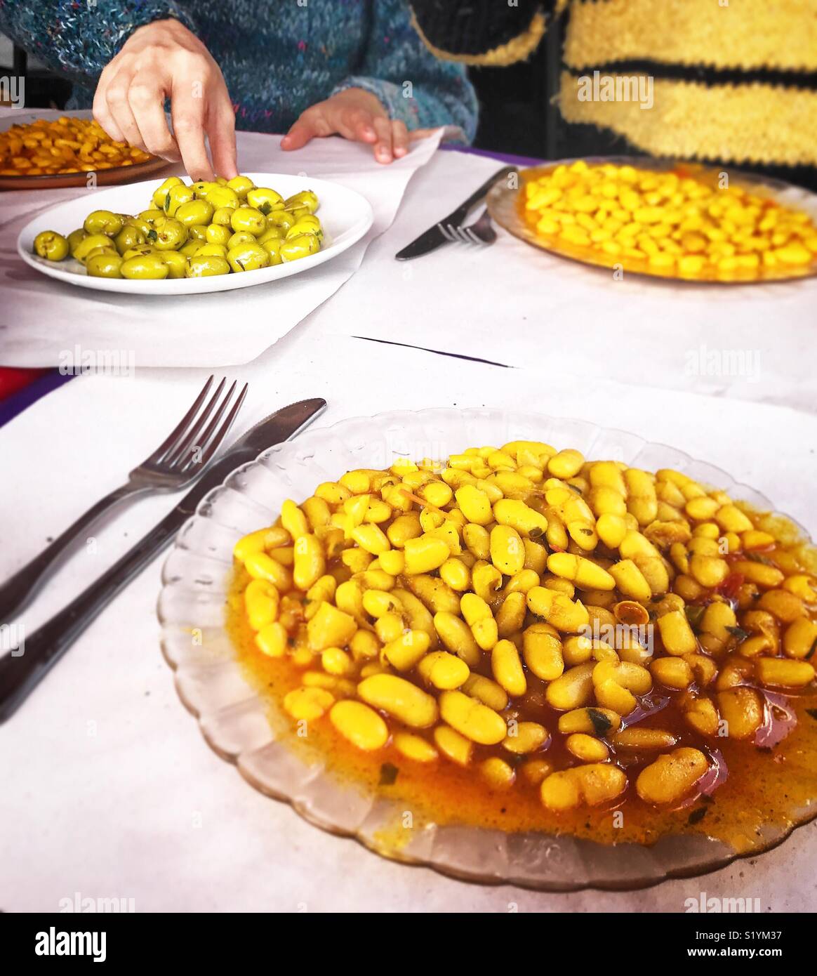Beans and olives in a restaurant in Tangier, Morroco, Africa Stock ...