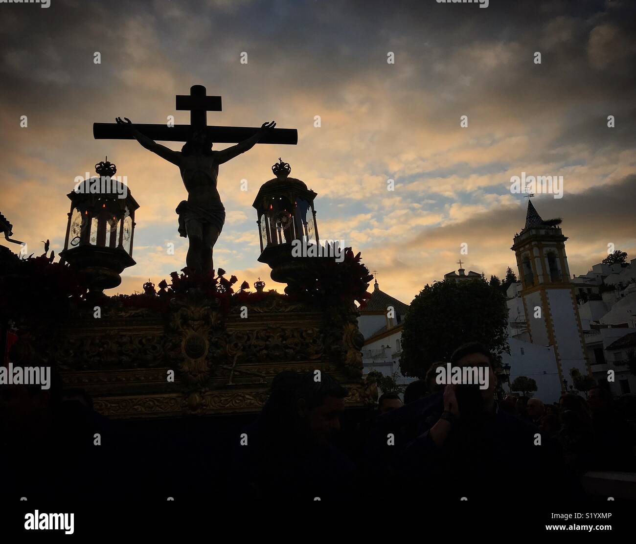 The silhouette of Jesus Christ crucified and a church during Easter ...