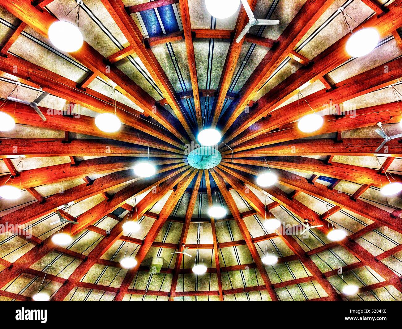 Dramatic domed ceiling with lights and wooden beams Stock Photo - Alamy