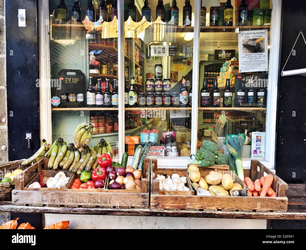 Grocery shop window, old fashioned, in Robin Hood’s Bay, North ...
