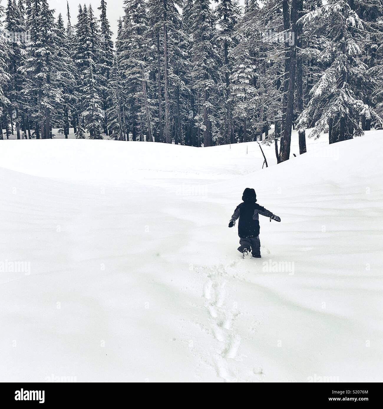 Little boy running through snow Stock Photo - Alamy