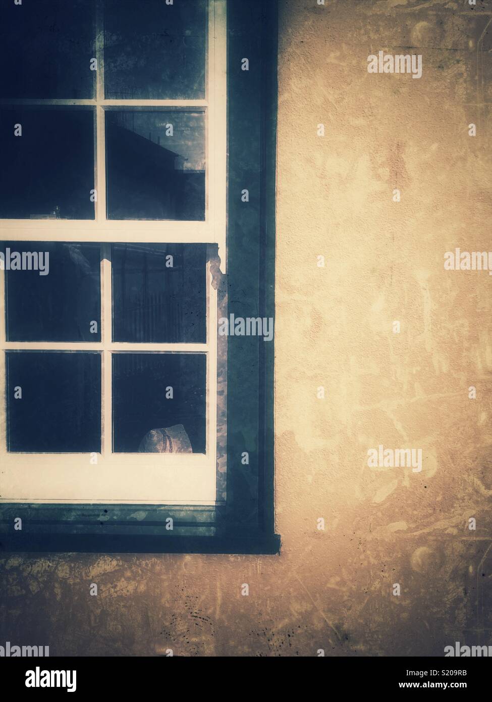 Faded retro window green frame yellow wall Stock Photo - Alamy