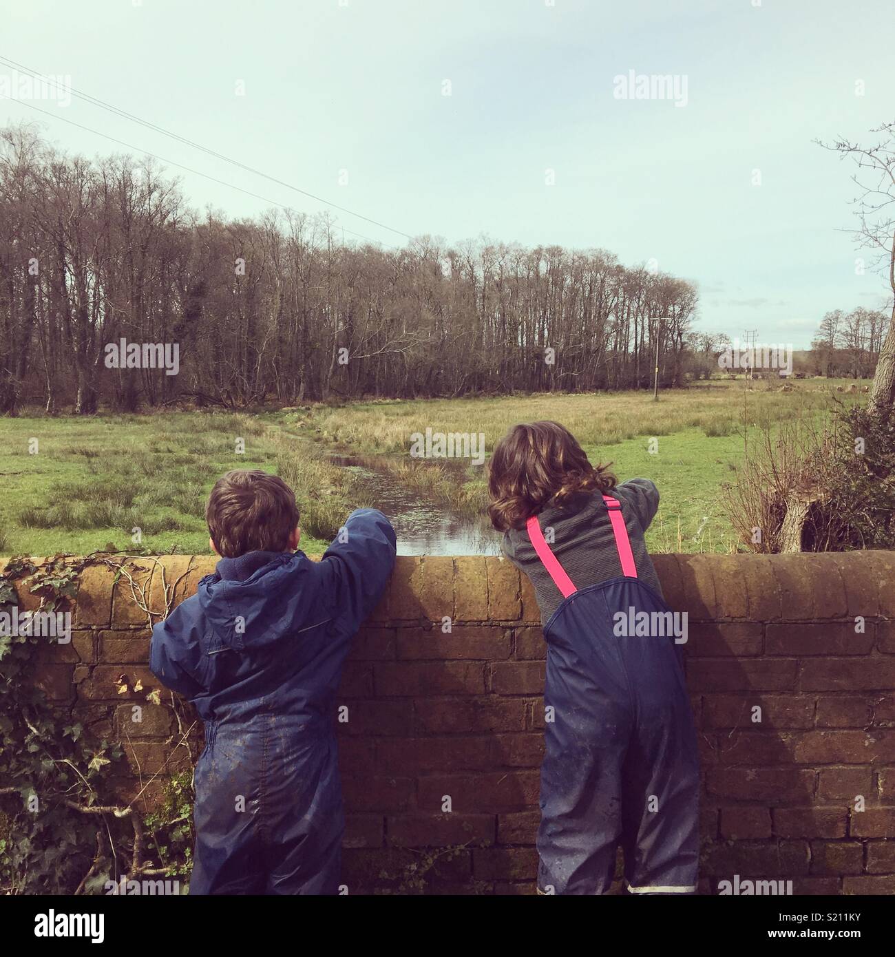 Children playing pooh sticks in the countryside Stock Photo - Alamy
