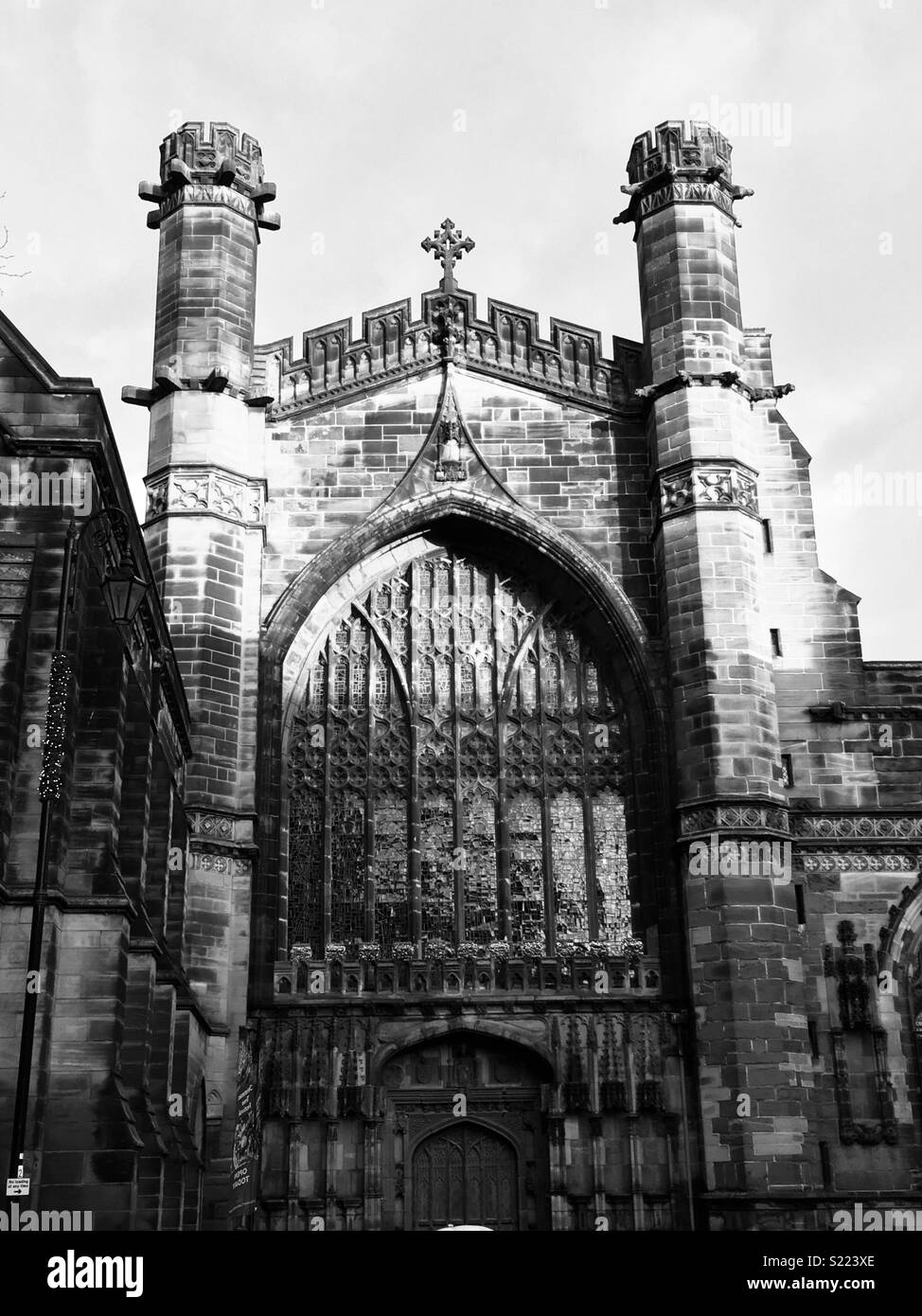 Chester Cathedral front entrance in black and white taken in winter ...