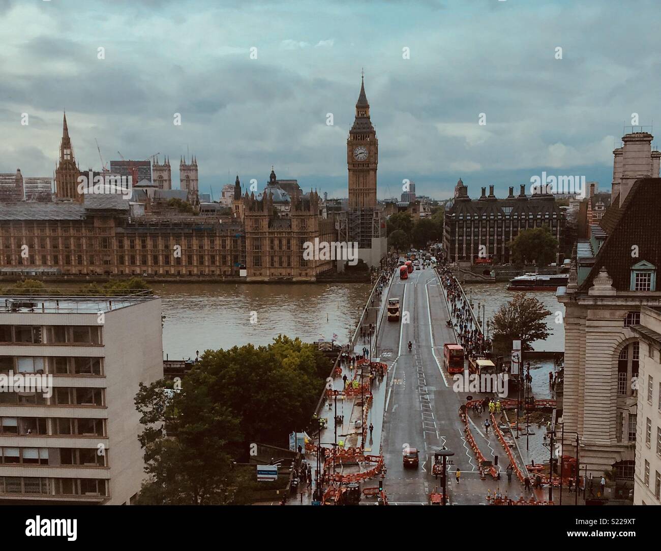 Looking over Westminster Bridge with roadworks Stock Photo - Alamy