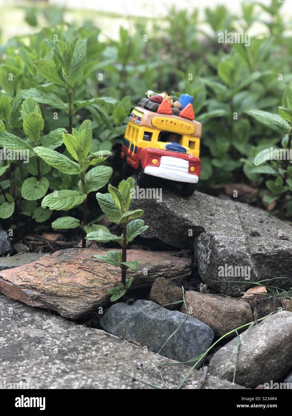 Miniature bus in herb garden Stock Photo - Alamy