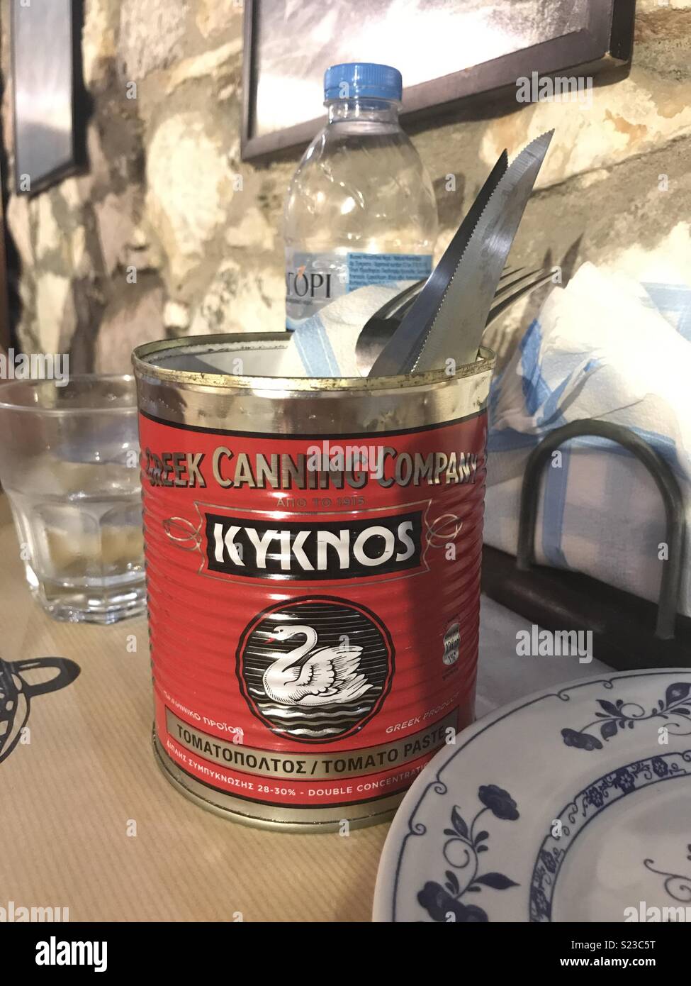 Greek cutlery tin can Stock Photo - Alamy