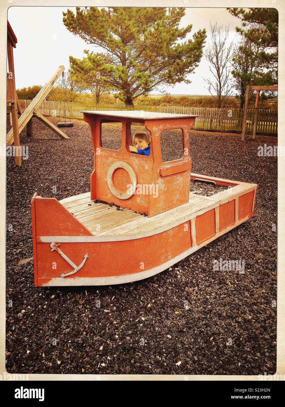 Child imagination playing on wooden boat Stock Photo - Alamy