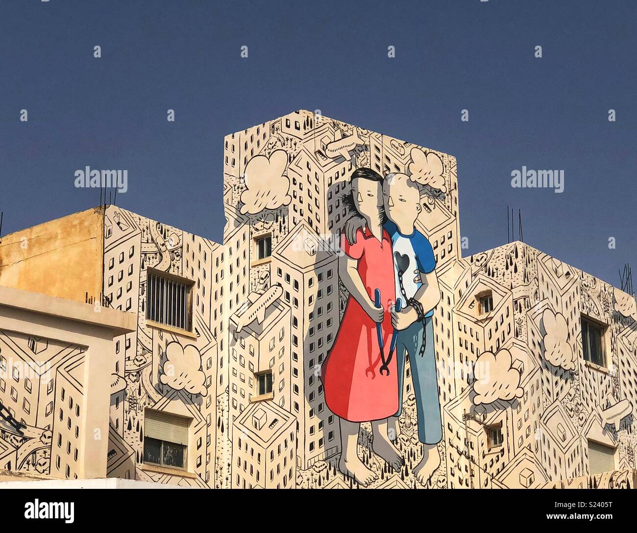 Mural on building in Paphos Old Town, Cyprus of a couple in love Stock ...