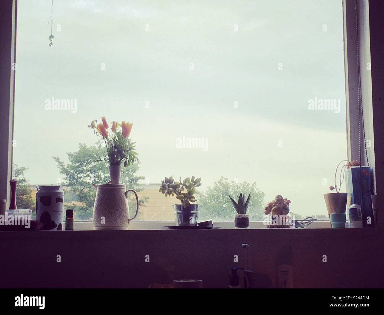 Window with various objects on sill Stock Photo - Alamy