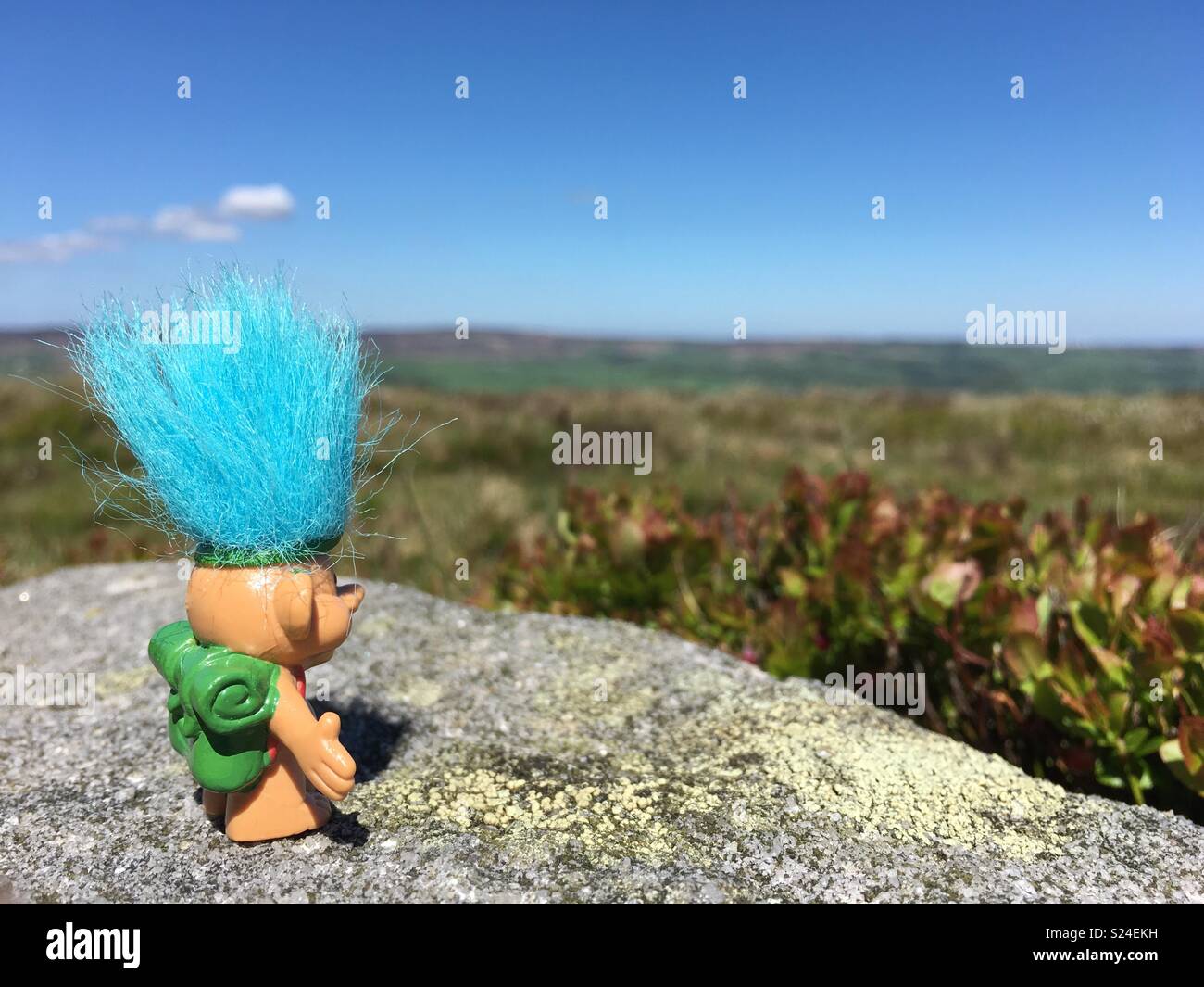 Toy troll looking out over Ilkley moor in Yorkshire, United Kingdom ...