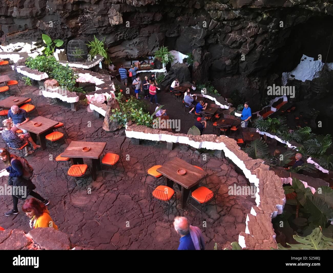 Overhead view of the split level cafe at Jameos del Agua, Lanzarote ...