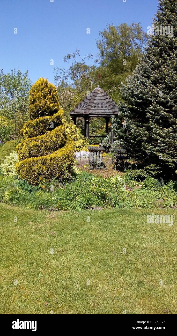 A beautiful garden with a Topiary tree. A table and bench sit on a ...