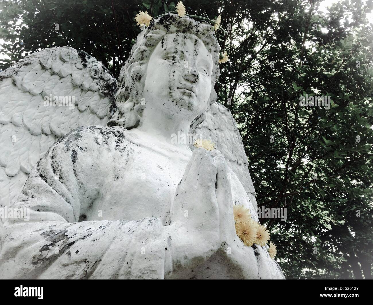 Dandelion chain on head of angel statue Stock Photo - Alamy