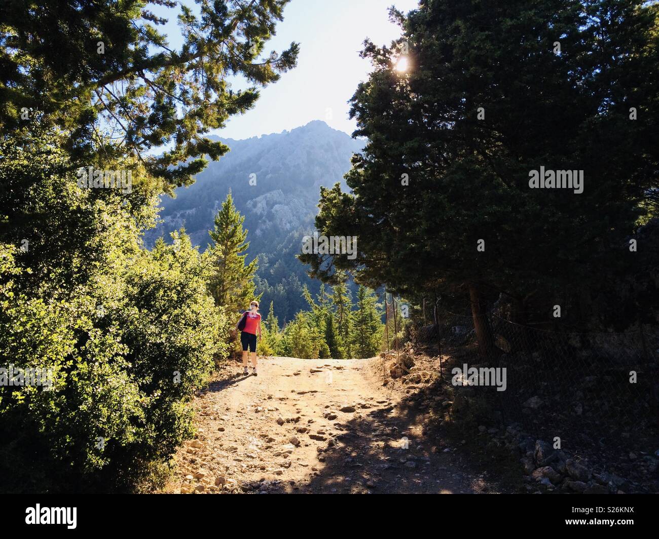 Mountain footpath with woman looking pack at the path. Sun hiding ...