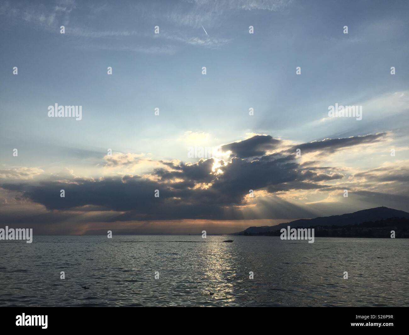 Sun setting over Lake Geneva (Lac Leman), Switzerland from Montreux ...