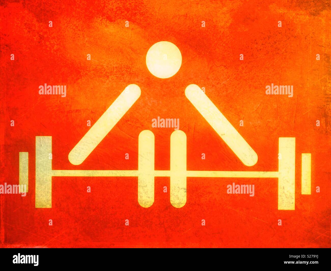 Sign indicating weight-lifting figure, used on a fitness centre wall ...