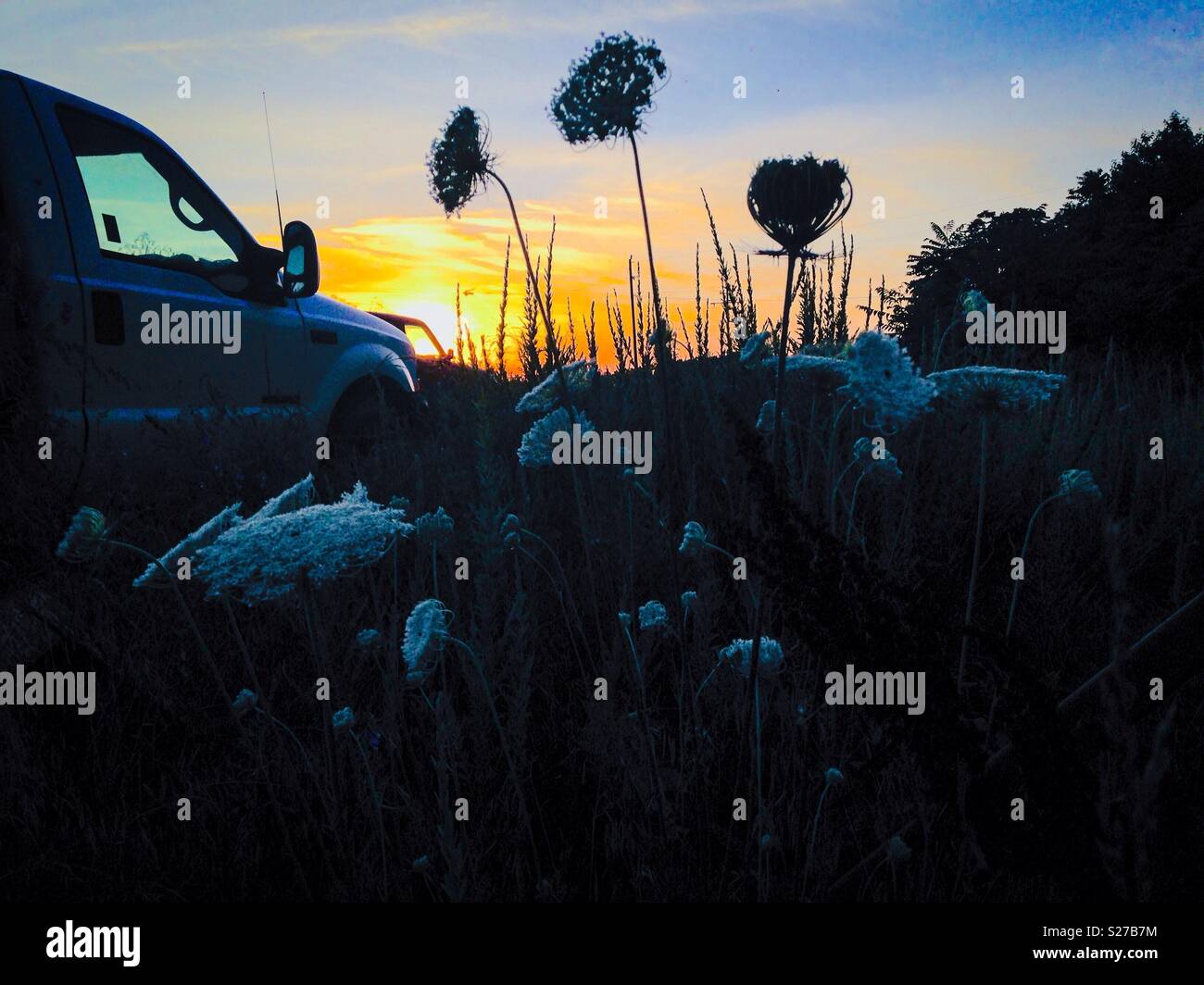 Blue tinted photo of yellow sunset over white pickup and Queen Anne's ...