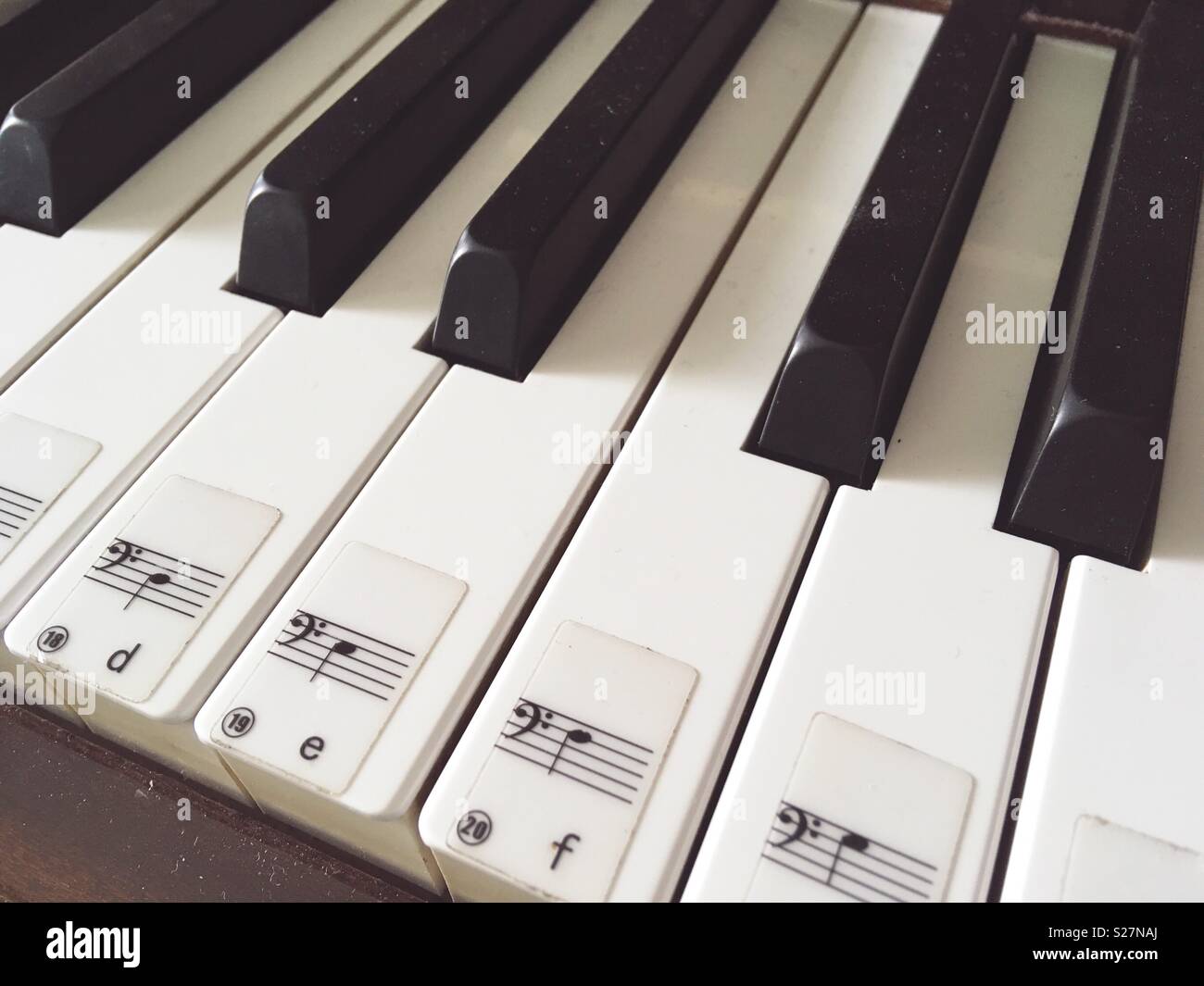 Piano keys with musical notes as a help for learners Stock Photo - Alamy
