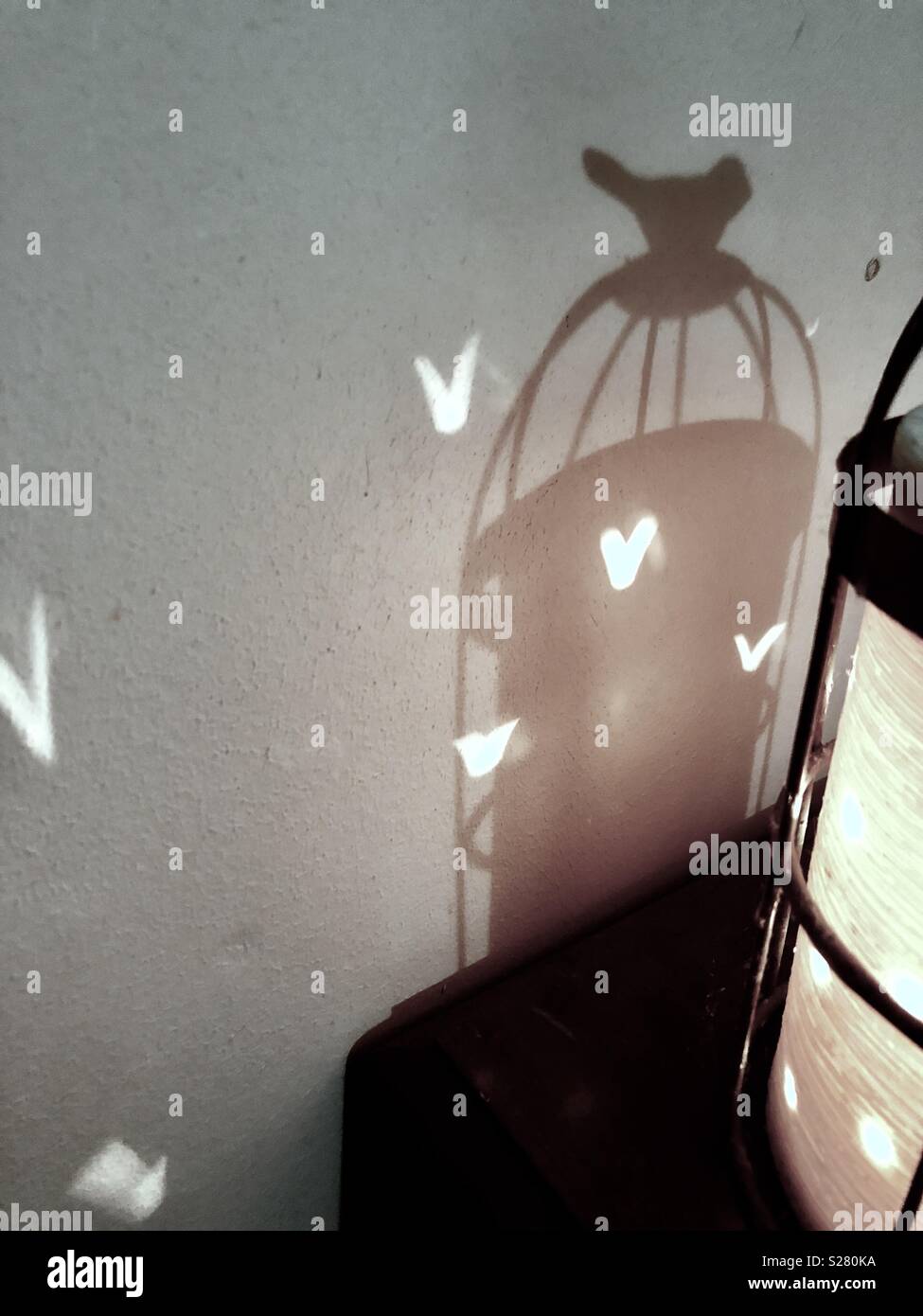 Shadow of cage and hearts with birds on top Stock Photo - Alamy