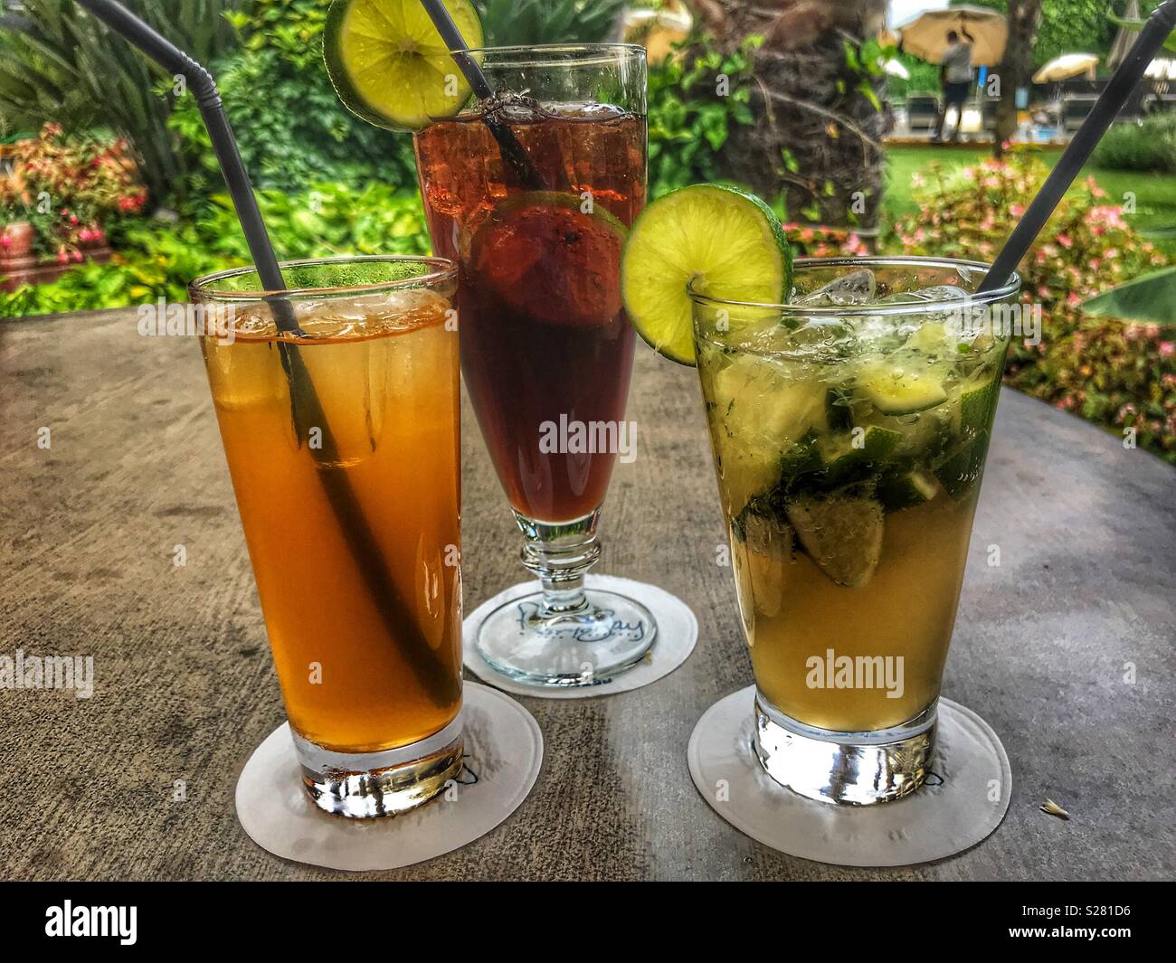 Happy Hour, cocktails, Mojito, rum and coke, poncha, all with ice and a ...