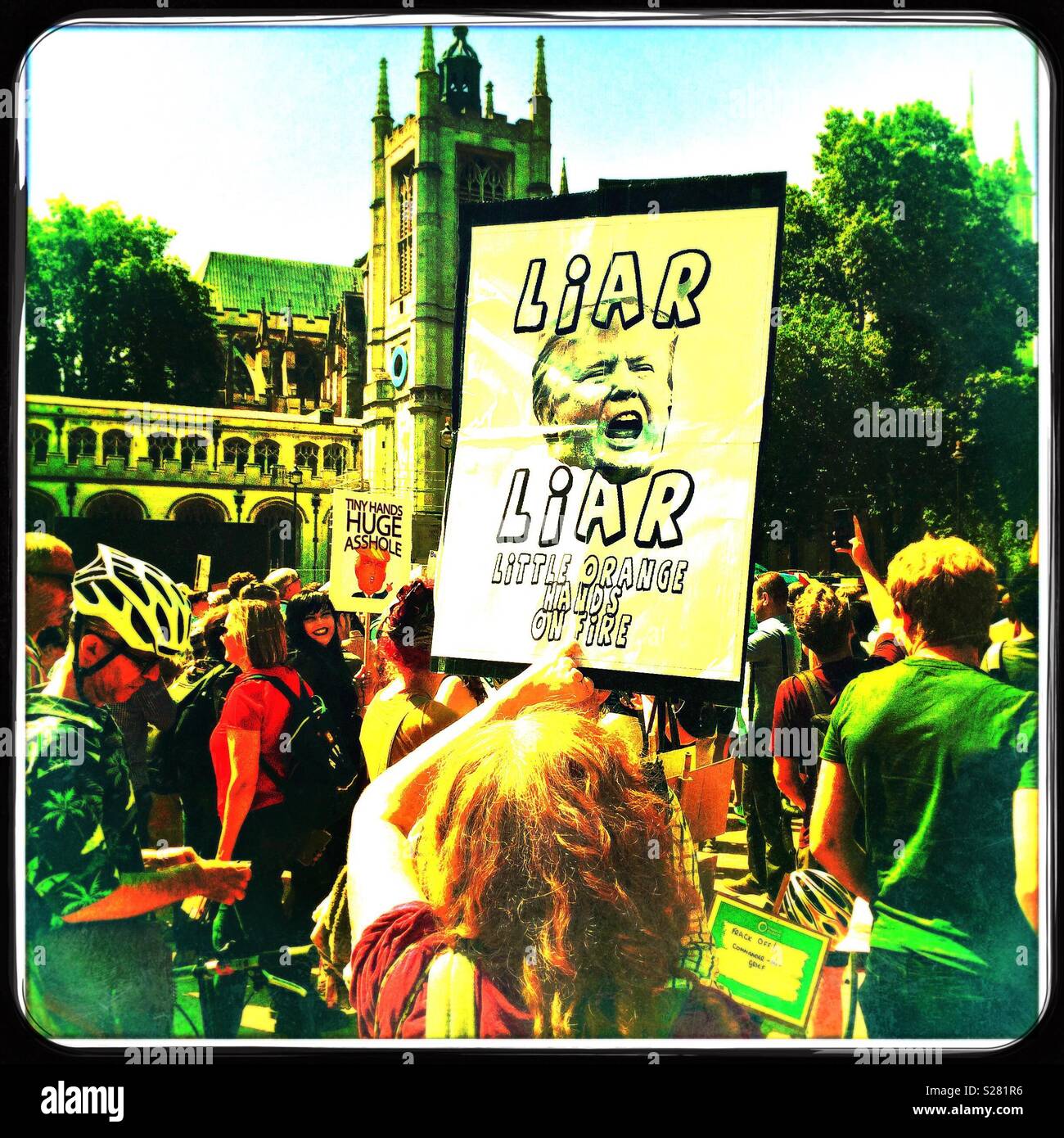 Placard with “Liar liar little orange hands on fire” at an anti-Trump ...